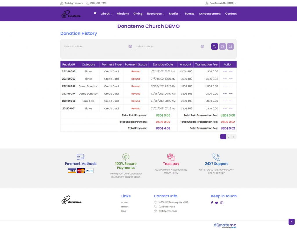 Overview of the Donation History – DonateMo Support