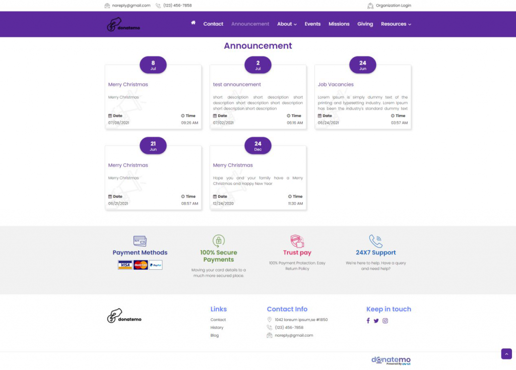 How to display the announcement page on the front organization website ...